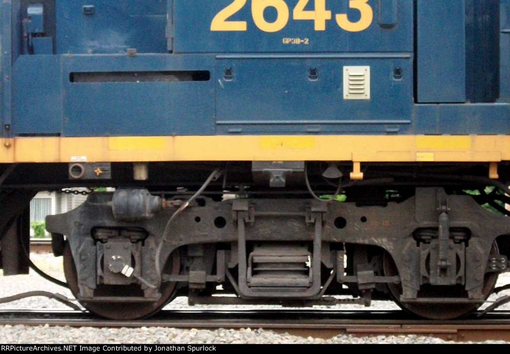 CSX 2643, close-up of cab and lead truck, conductor's side